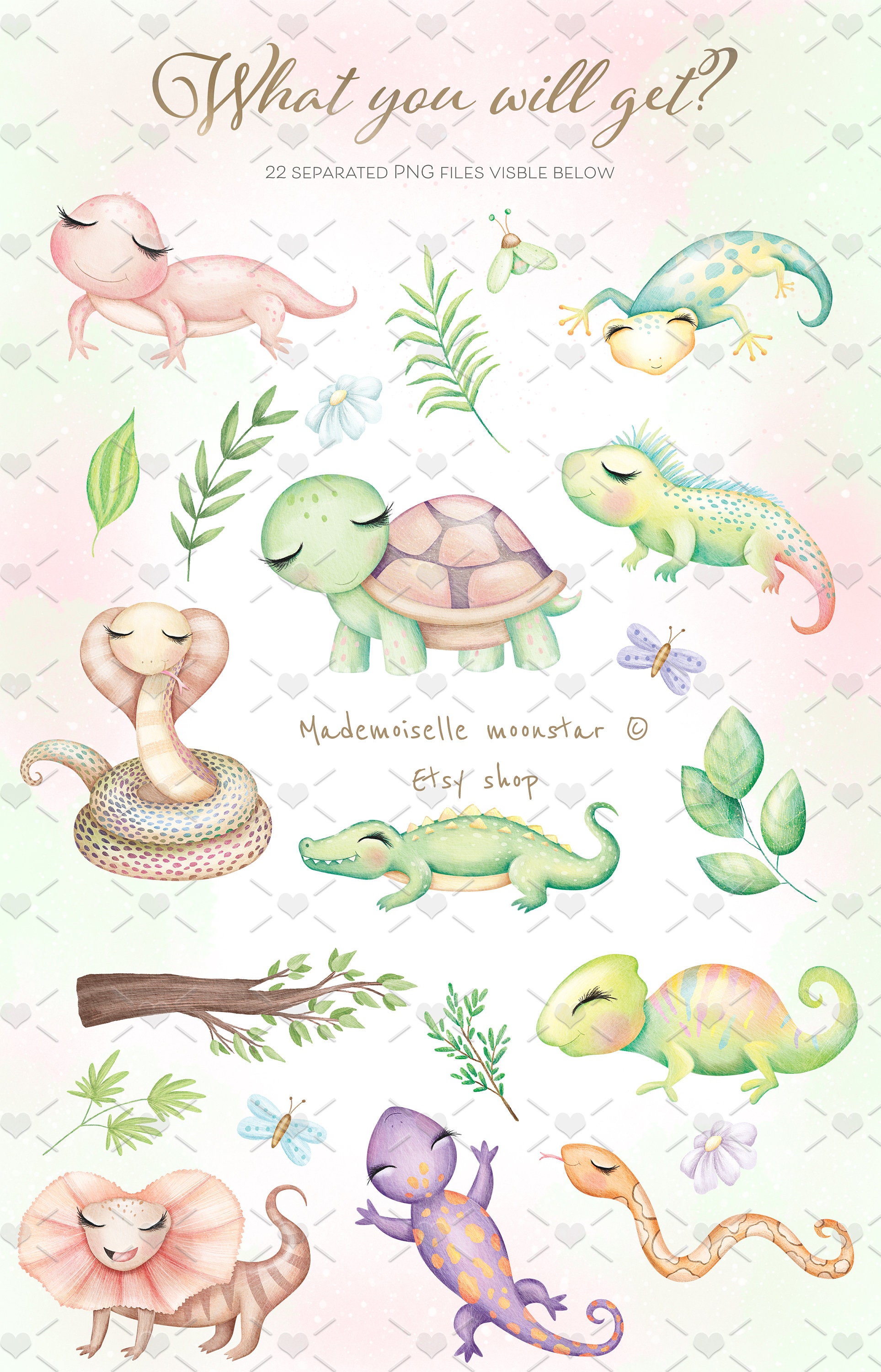Cute Reptiles Clipart Set. Lizard Snake Turtle Crocodile - Etsy