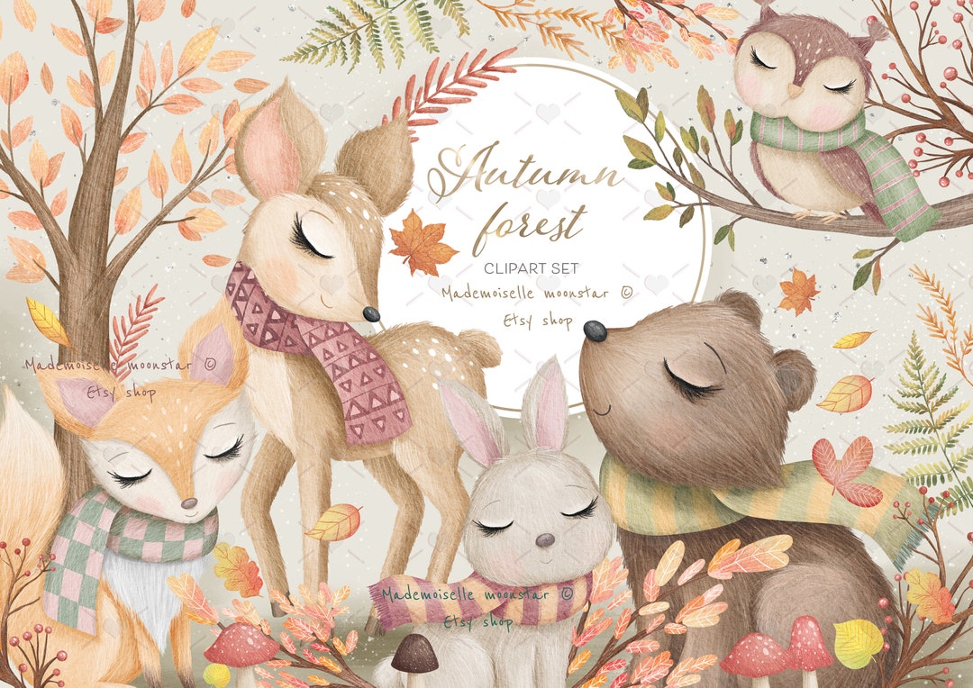 Autumn Forest Animals Clipart Set. Woodland Animals in Autumn Forest ...