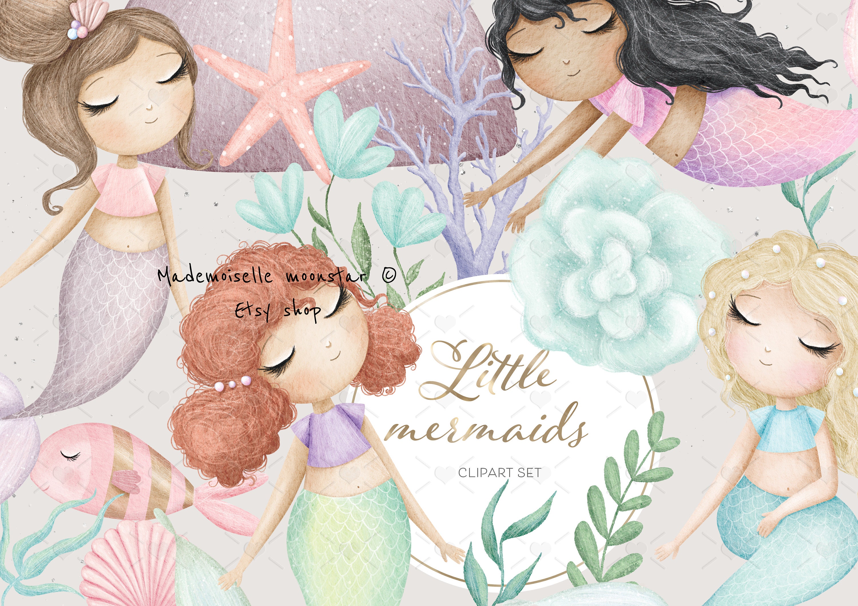 Cute Little Mermaids Clipart Set. Sea Girls Underwater - Etsy