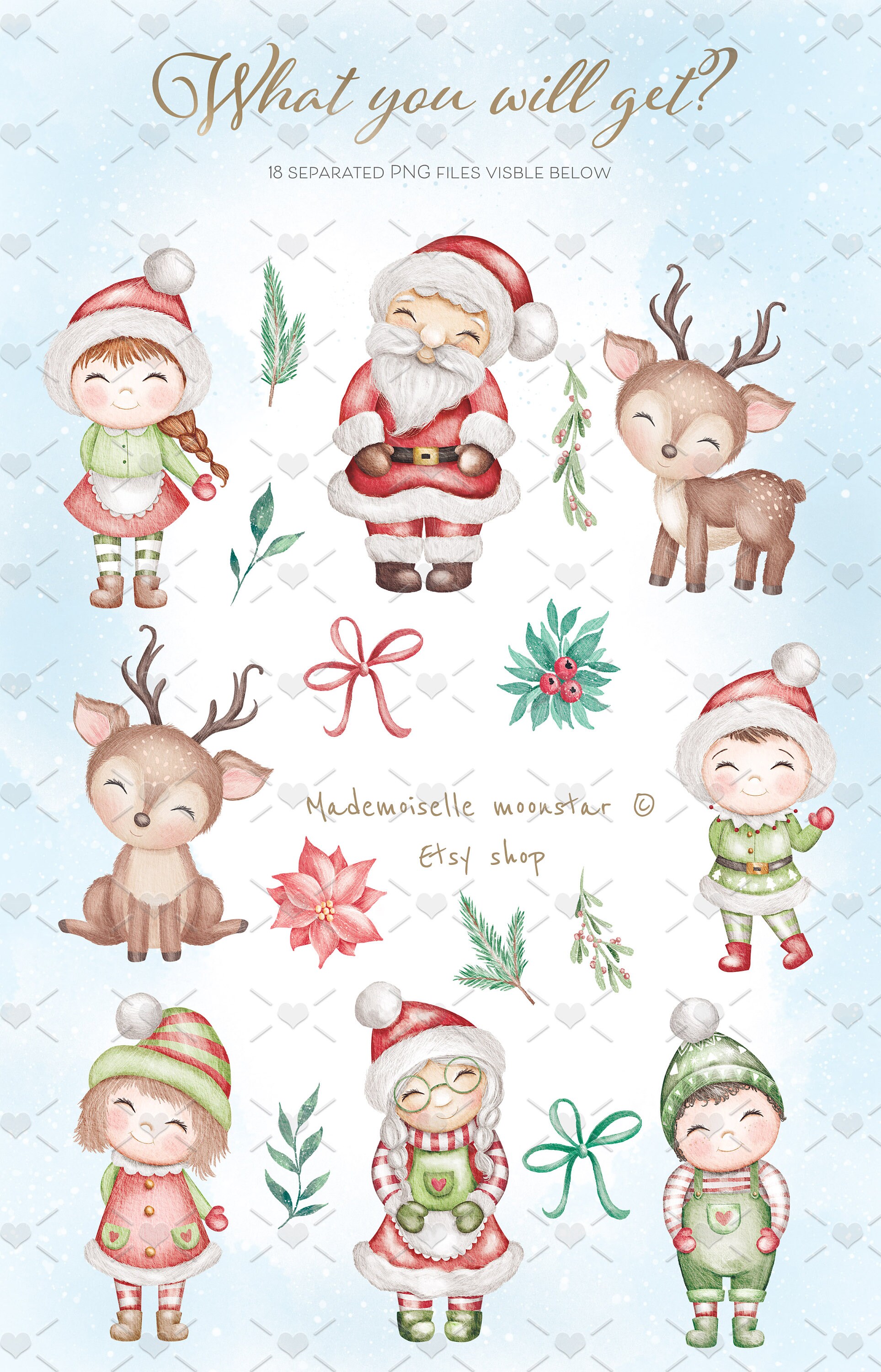 Cute Christmas Clipart Set - Cute Santa, Mrs Clause, Reindeers, Elves ...