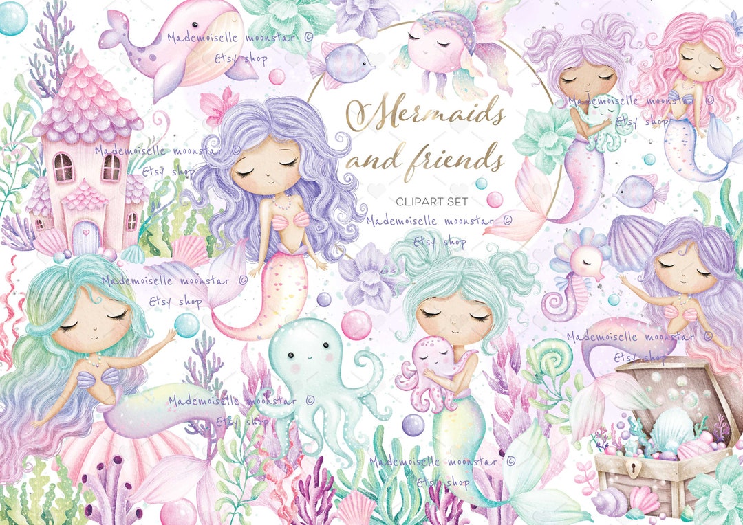 Cute mermaid and sea animals clipart set. Mermaid house, underwater ...