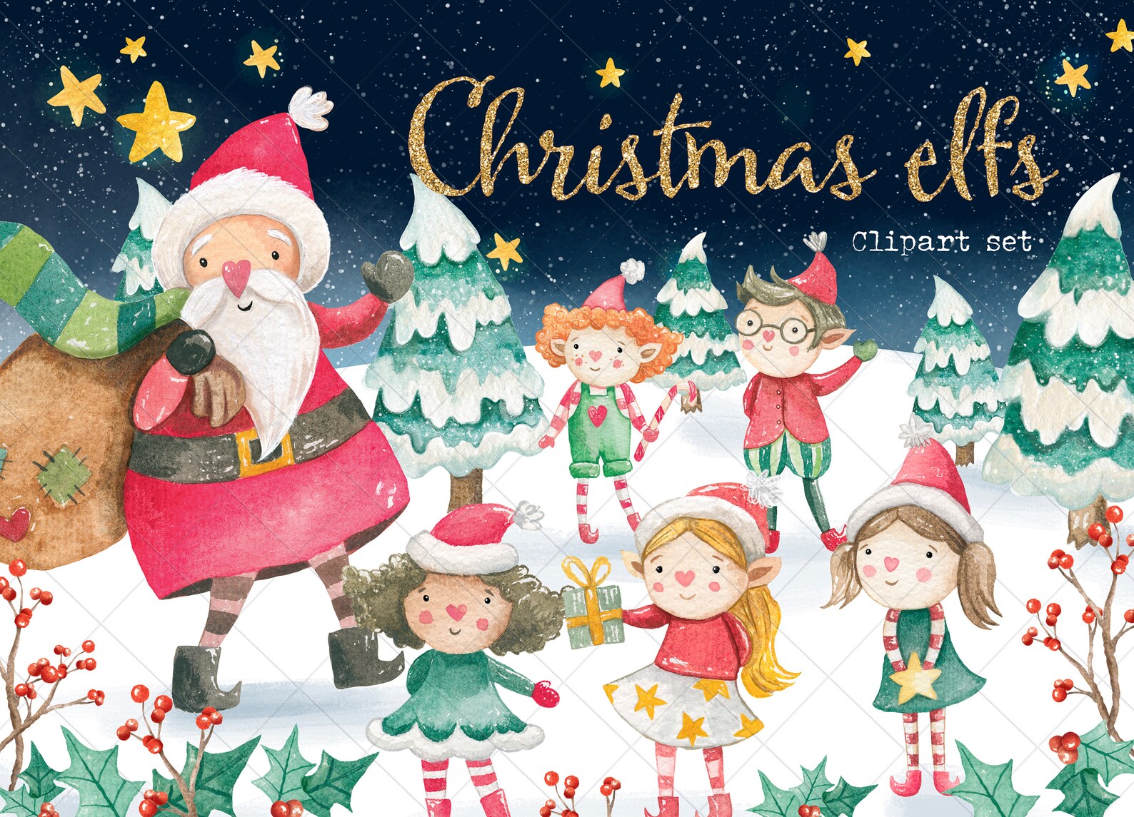 Christmas Watercolor Clipart Set Santa and Elf Xmas Clipart - Etsy