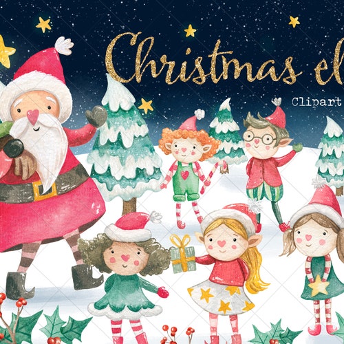 Christmas Watercolor Clipart Set Santa and Elf Xmas Clipart - Etsy