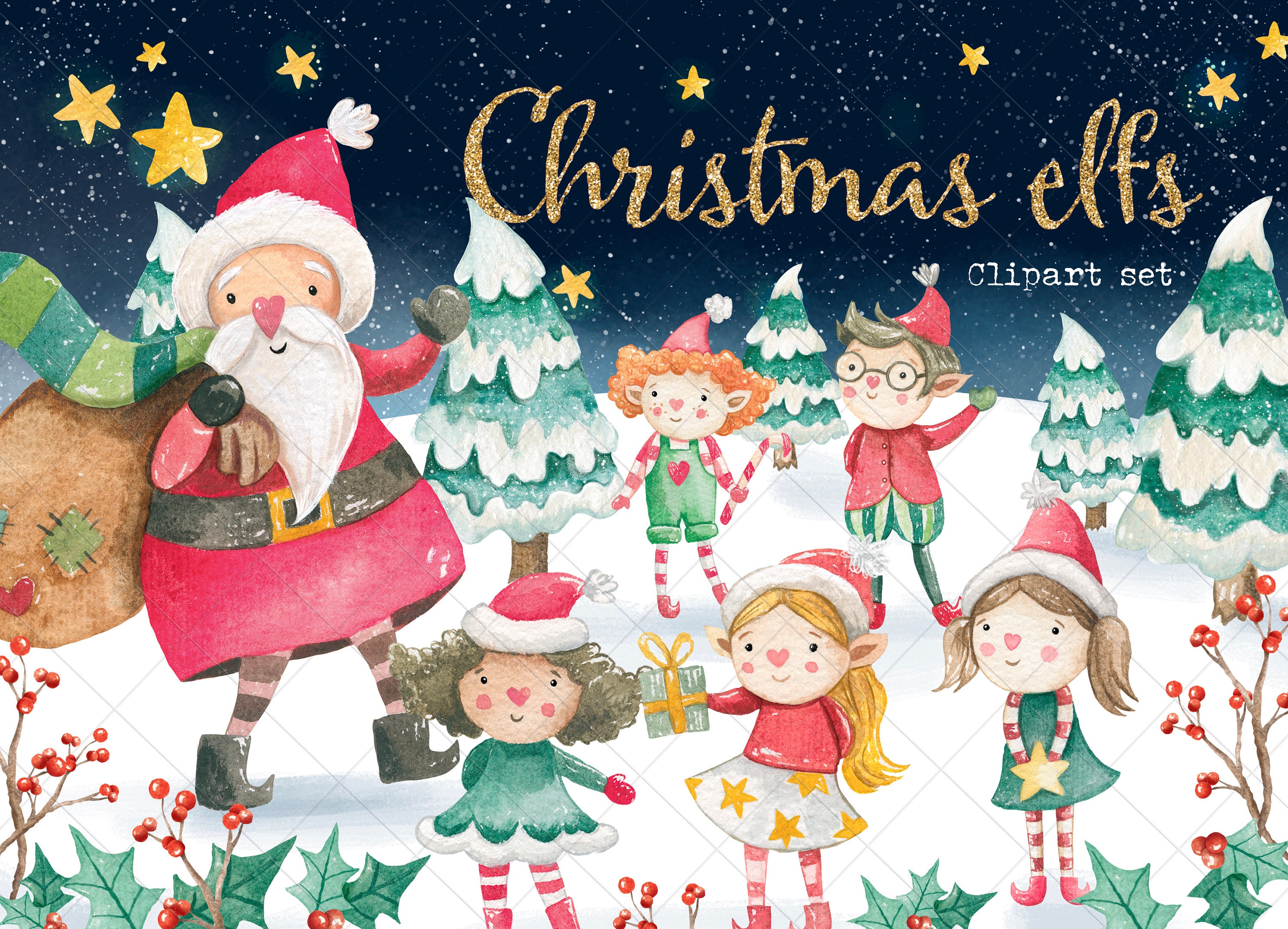 Christmas Watercolor Clipart Set Santa and Elf Xmas Clipart - Etsy