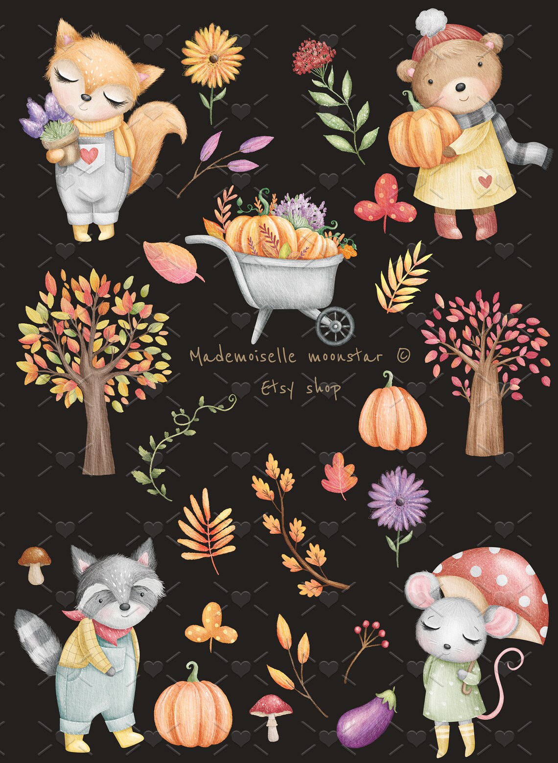 Cute Autumn Garden Clipart Set. Woodland Forest Animals. Fall Clipart ...