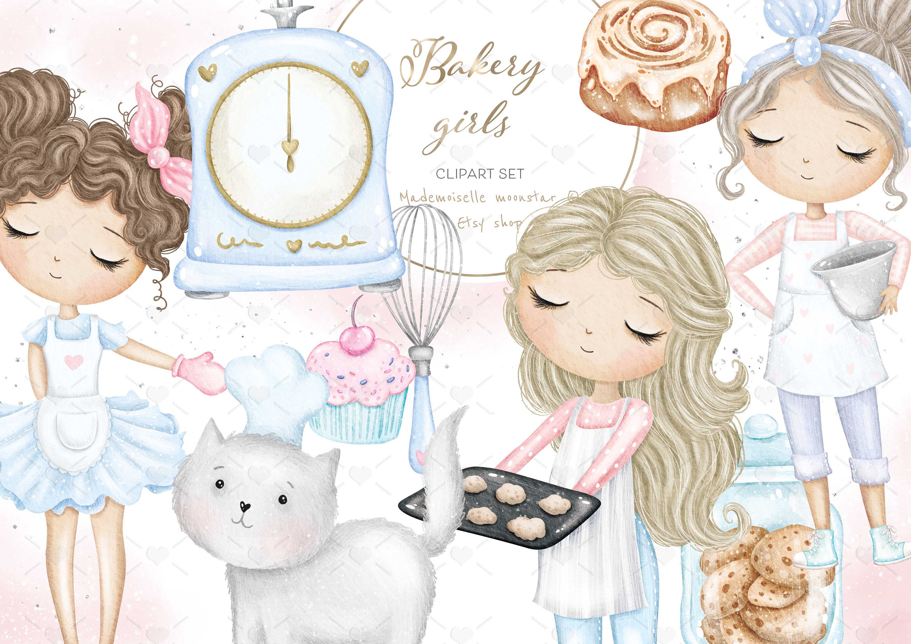 Baker Girls Clipart Set. Bakery, Sweets, Cookies, Kitchen PNG ...