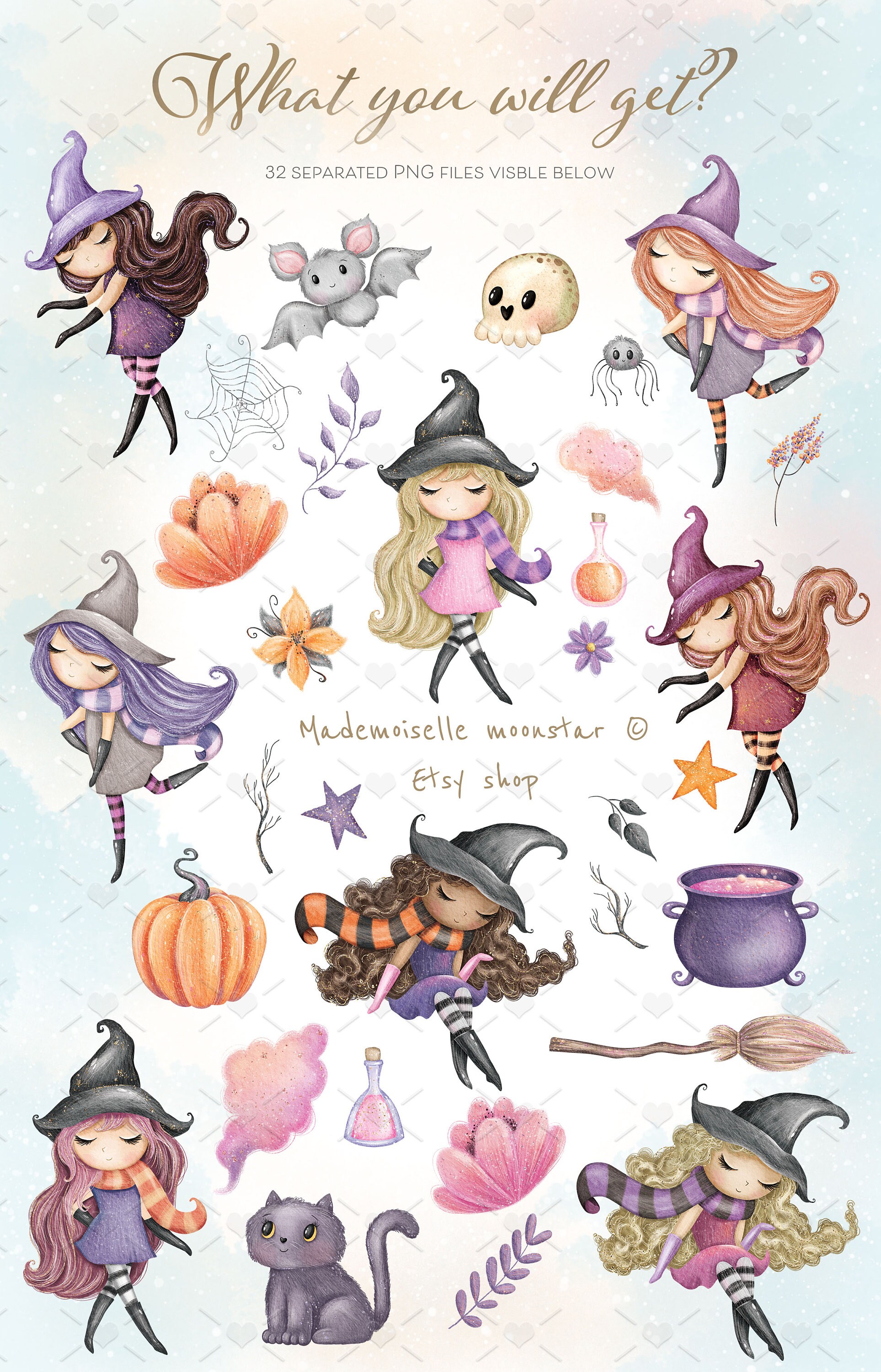 Halloween Witches Clipart Set. Spooky Halloween Witch Bat - Etsy