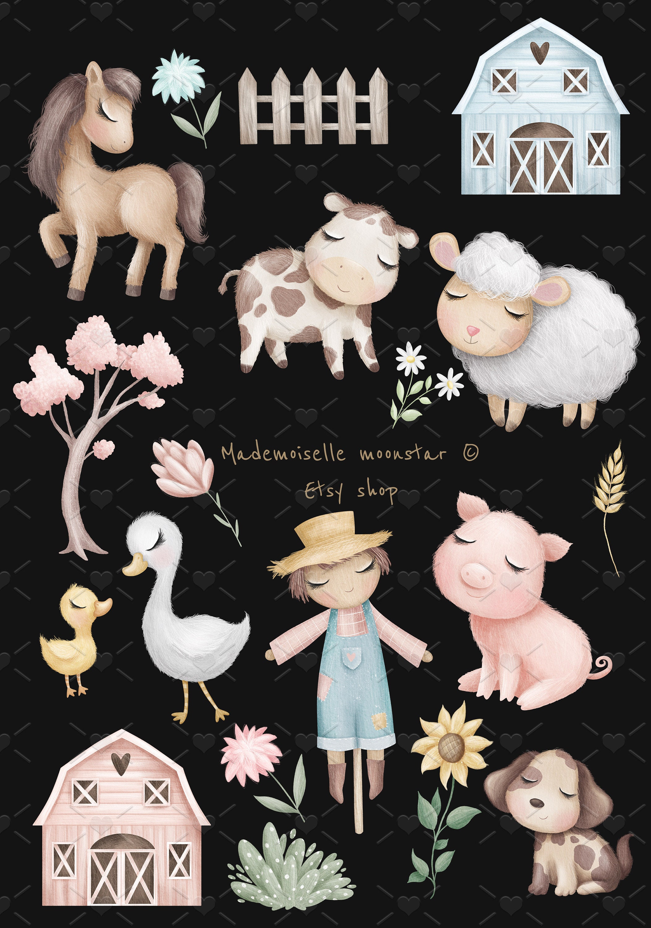 Cute Farm Animals Clipart. Farm Animals Pig, Cow, Horse, Dog, Sheep ...