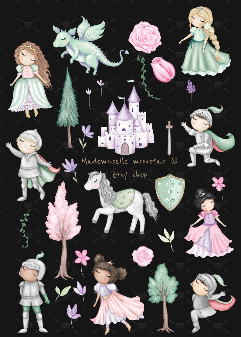 Princesses and Knights Clipart Set. Kingdom Dragon Watercolor - Etsy