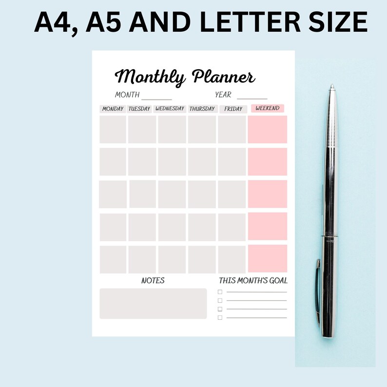 Monthly Planner Printable, A4, A5 and Letter Size Pdf, Instant Download ...