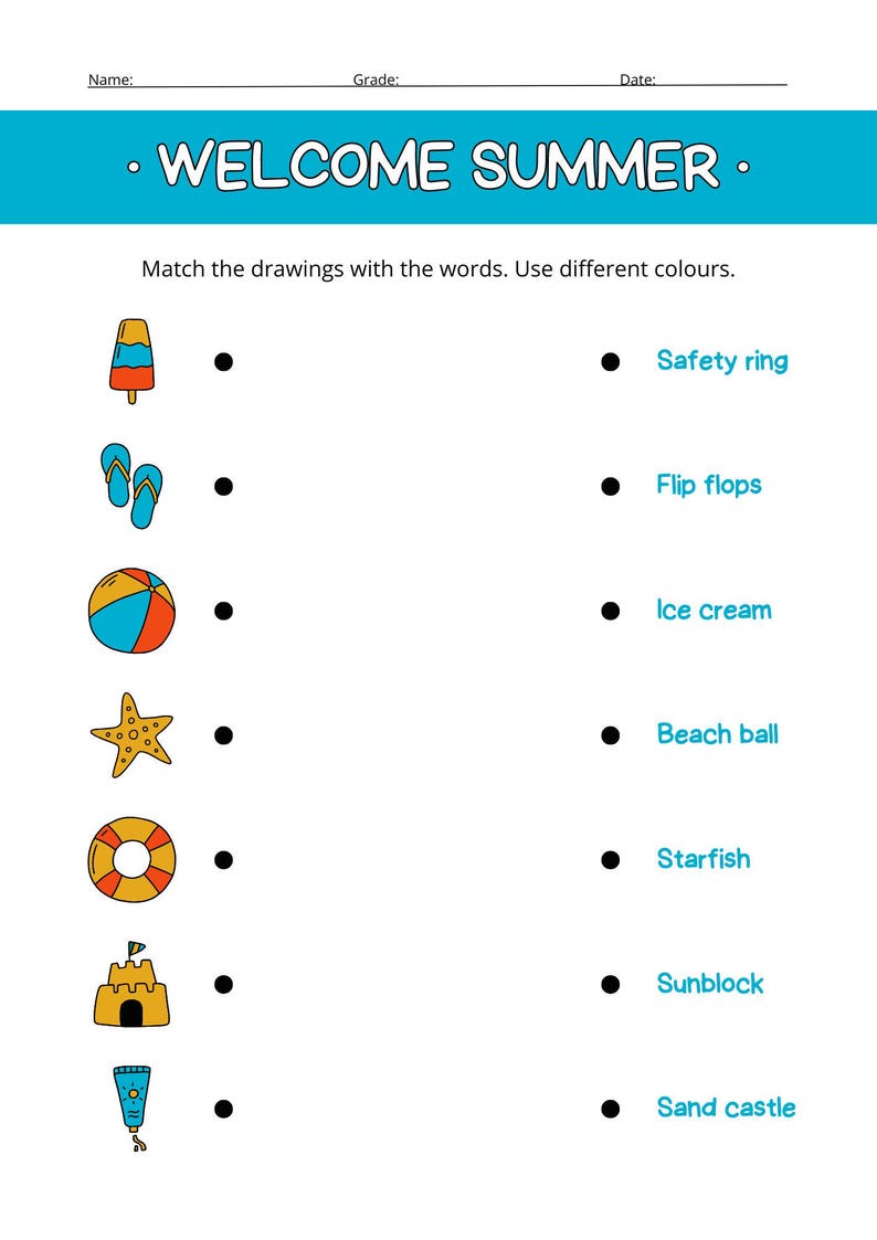 Summer Theme Matching Worksheet | Match Drawings With Words for Kids ...