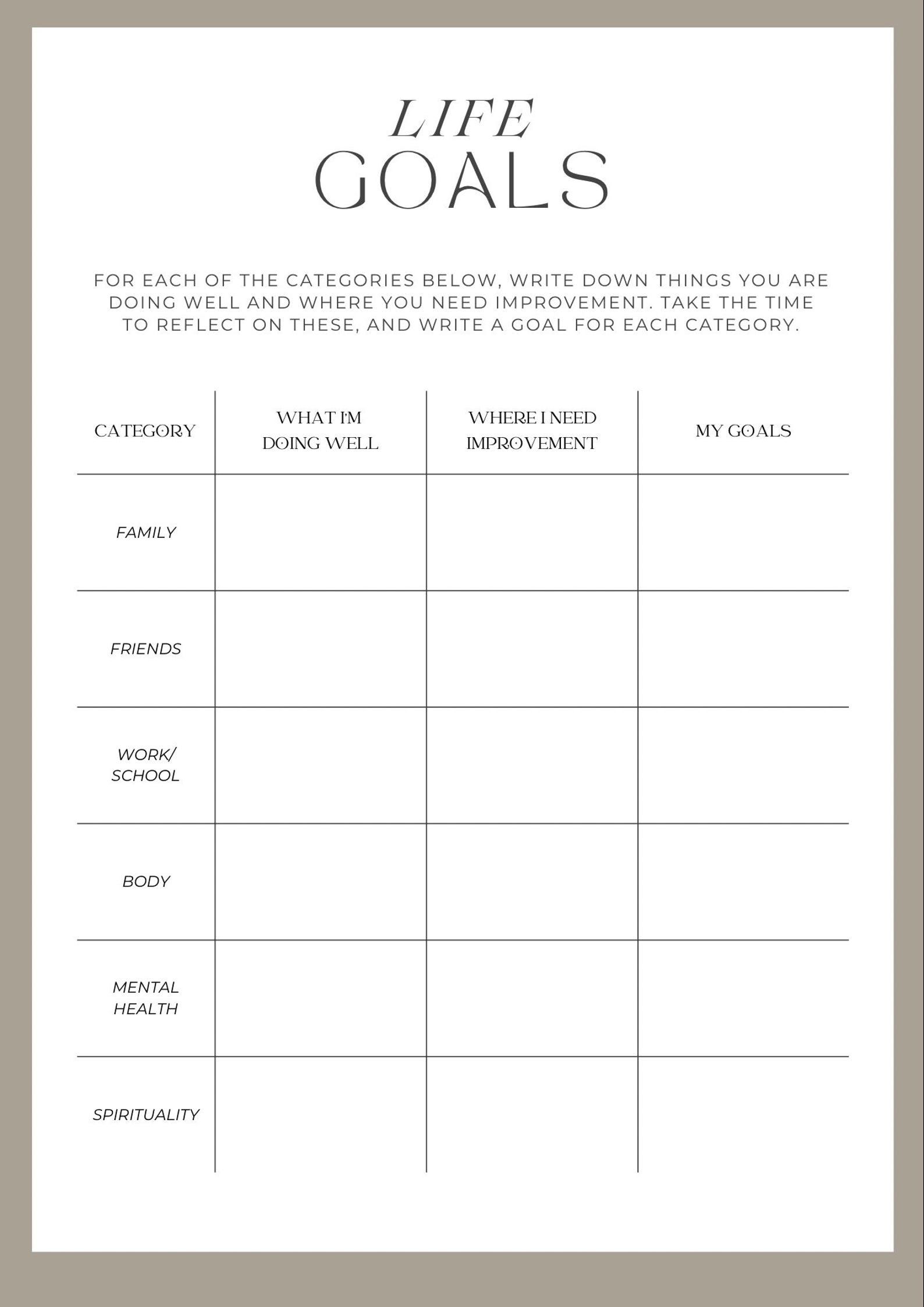 Life Goals Worksheet Printable | Personal Growth (letter Size) - Etsy