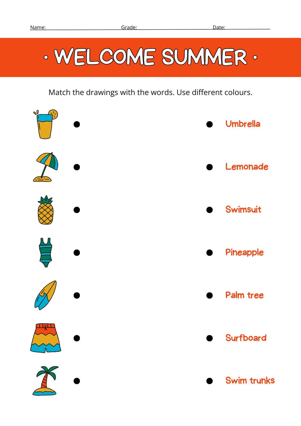Summer Theme Matching Worksheet | Match Drawings With Words for Kids ...