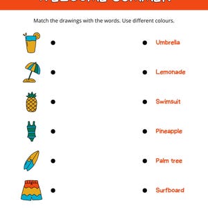Summer Theme Matching Worksheet | Match Drawings With Words for Kids ...
