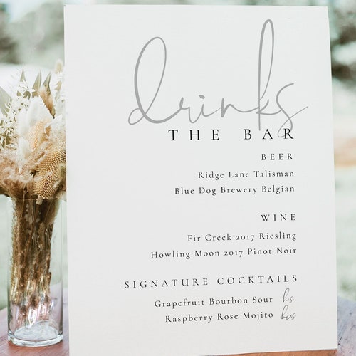 Minimalist Wedding Bar Menu Template Editable Printable - Etsy