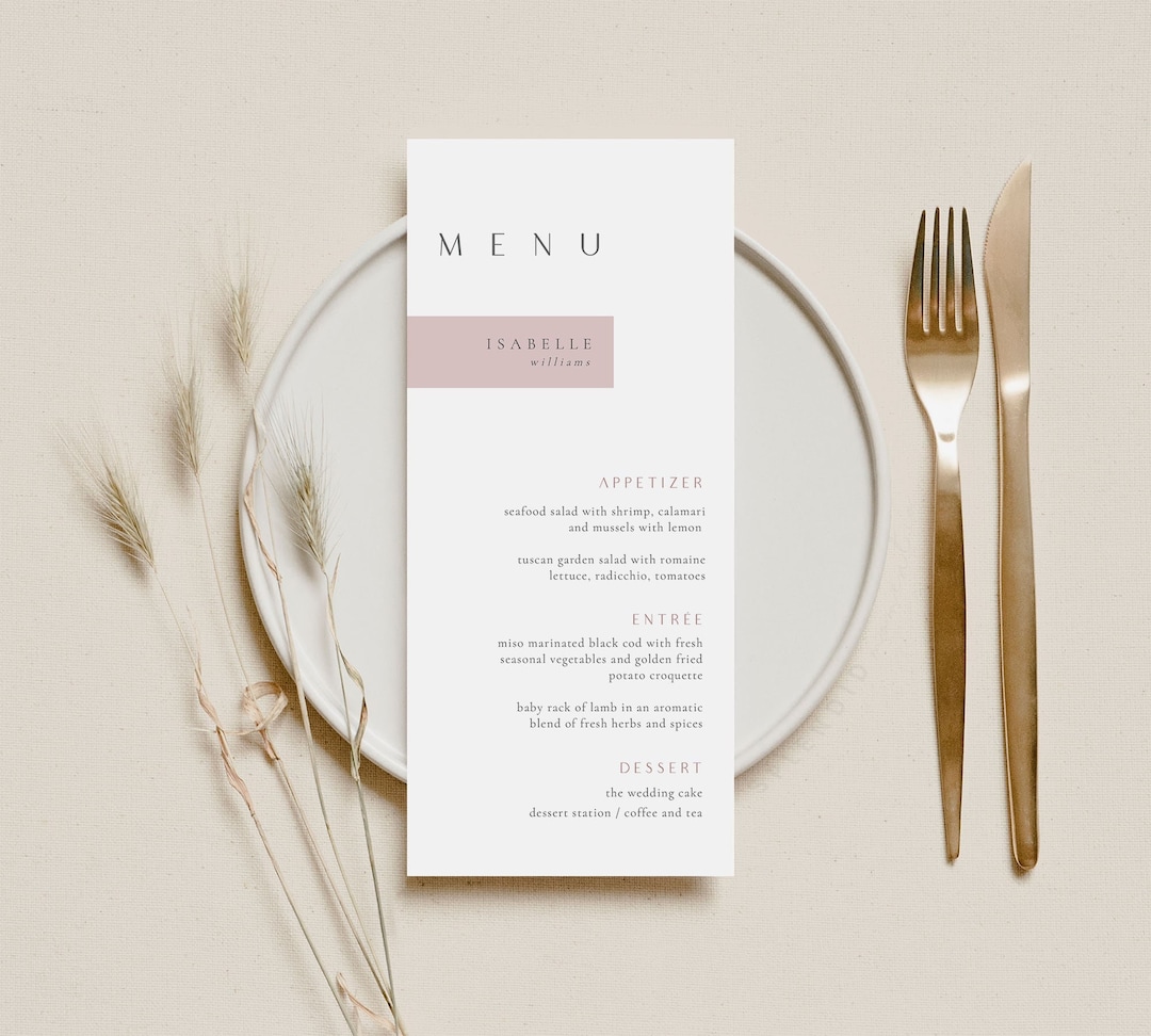 Dusty Rose Wedding Menu Template With Place Card (digital Download ...