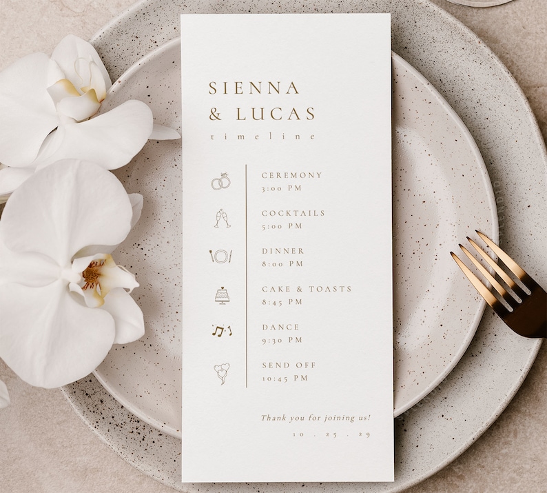 Gold Wedding Timeline Card Template: Editable Menu With Icons (digital ...