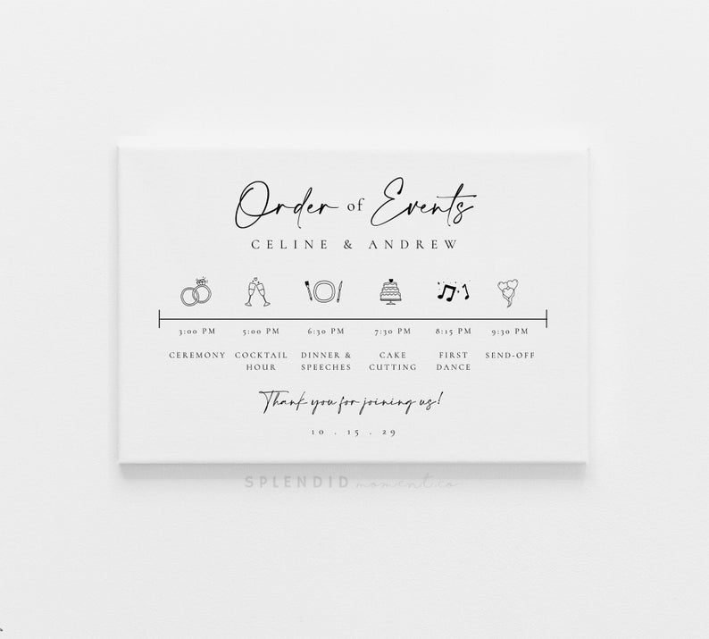 Modern Wedding Timeline Sign Template: Order of Events Landscape ...