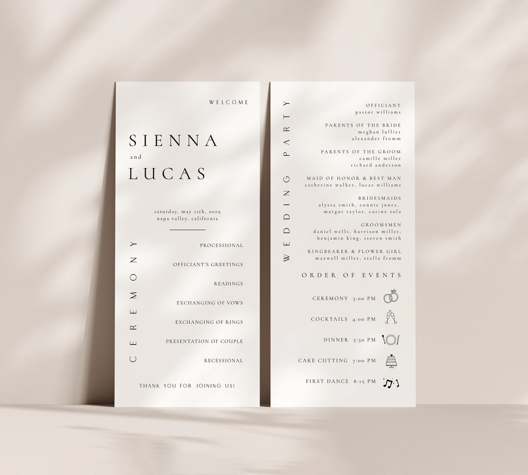 Minimalist Wedding Program Template, Order of Events Program, Timeline ...