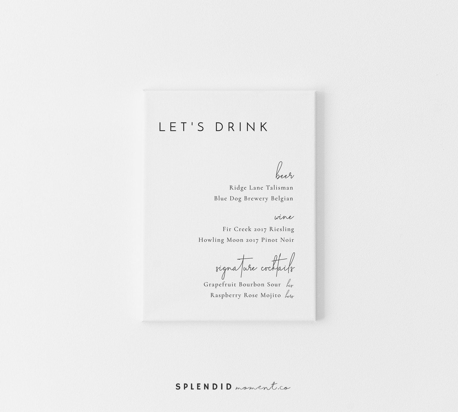 Minimalist Wedding Bar Menu Template: Modern Drink Sign (digital ...