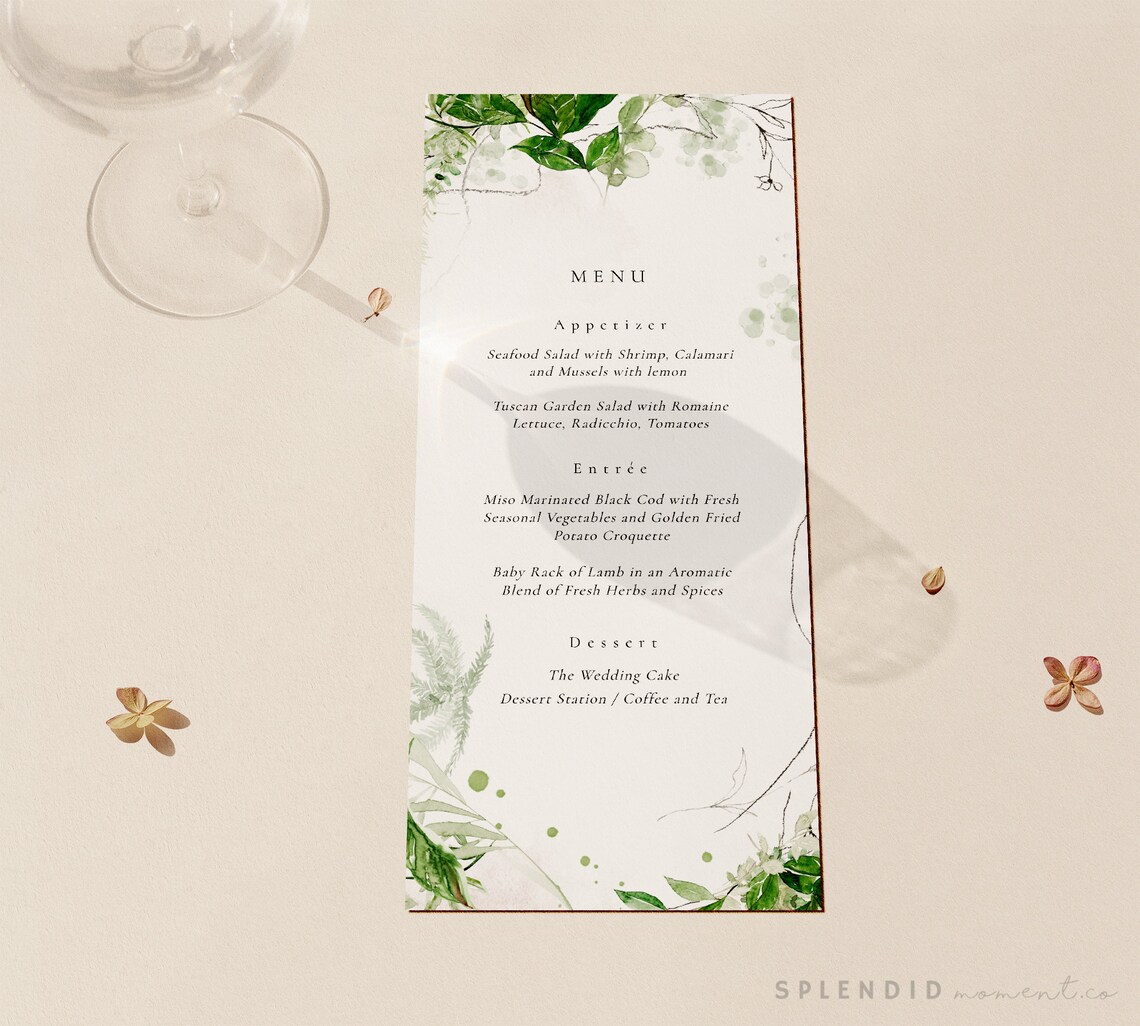 Greenery Wedding Menu Template Botanical Wedding Menu Leaves | Etsy