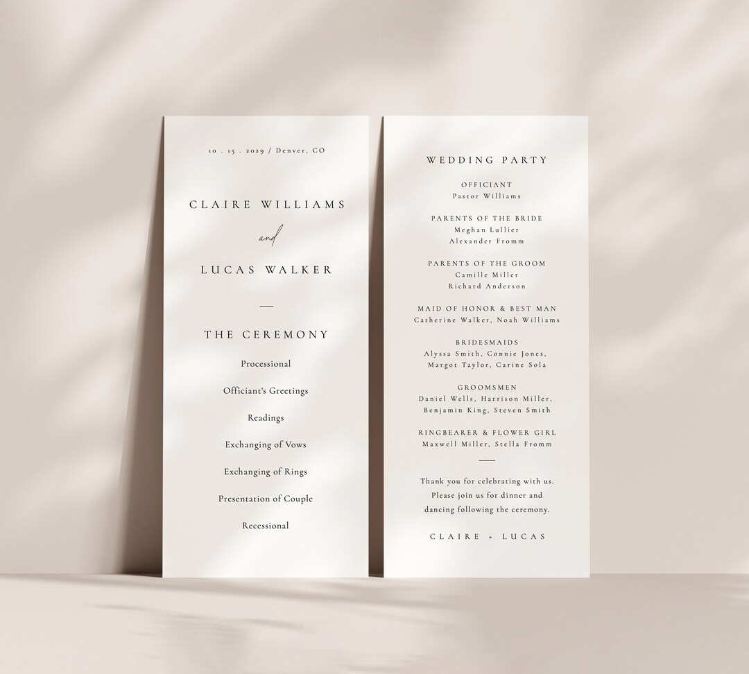 Minimalist Wedding Program Template: Editable Ceremony Agenda (digital ...