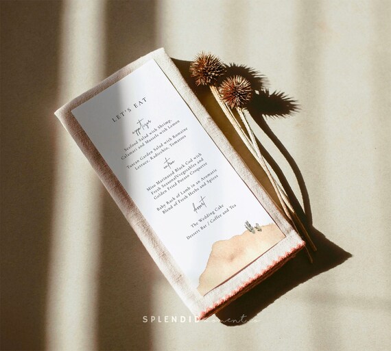 Paper printable boho desert menu modern rust wedding menu Cactus menu ...