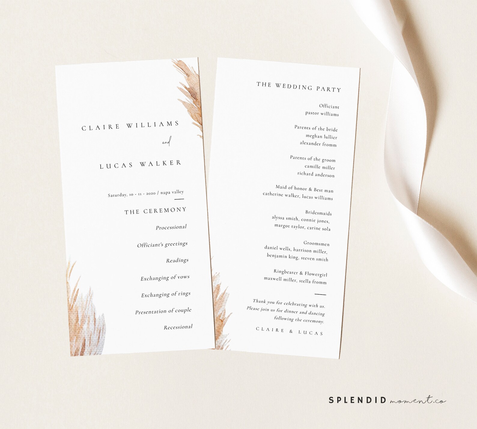 Pampas Grass Wedding Program Template, Wedding Ceremony Program Template, Bohemian Wedding ...
