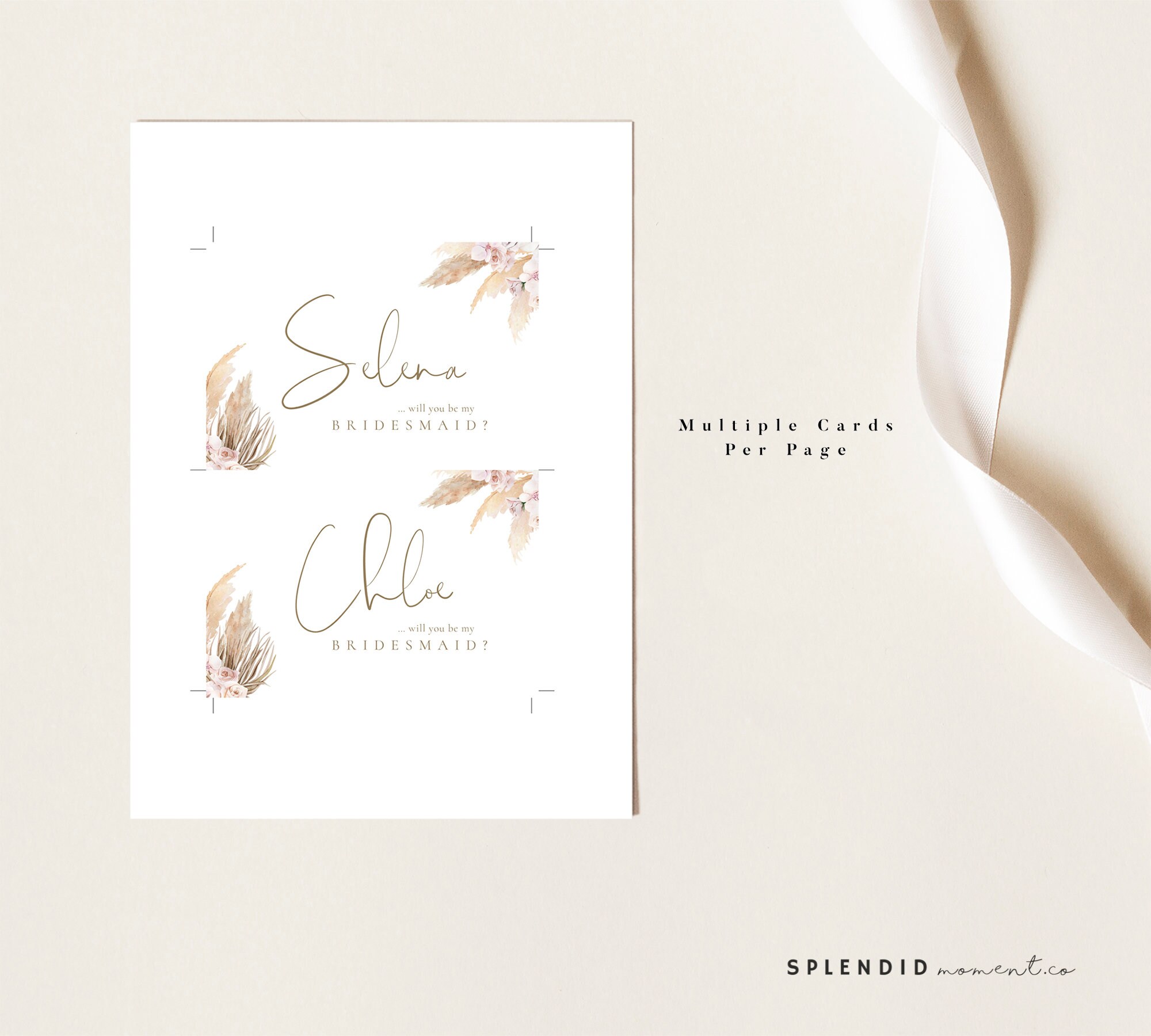 D8 Printable Pampas Grass Will You Be My Bridesmaid Card Boho Floral ...