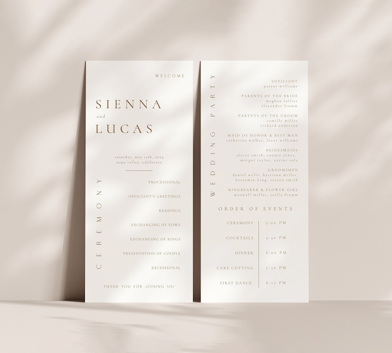 Gold Wedding Program Template: Minimalist Reception Timeline (digital ...