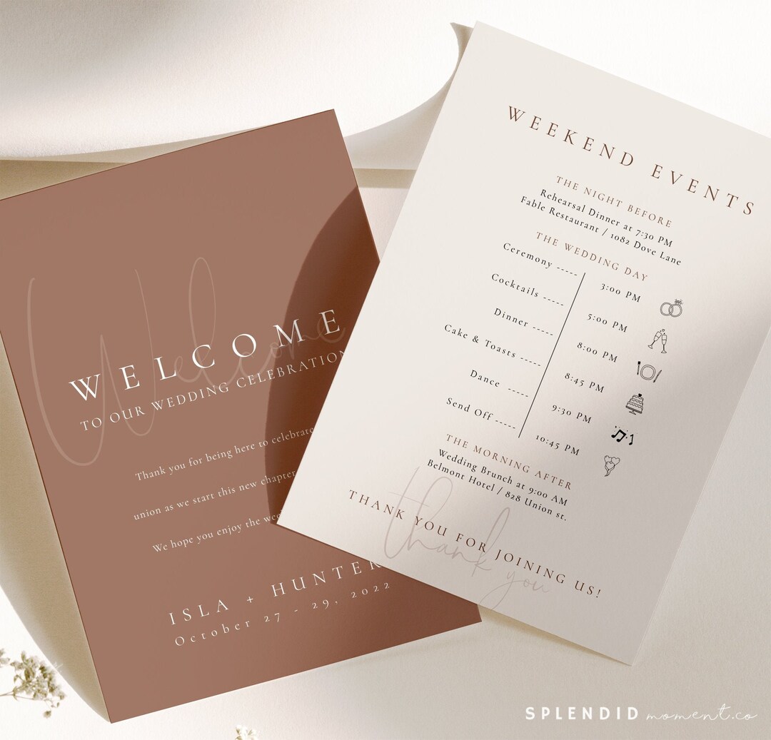 Minimalist Wedding Timeline Itinerary Template: Wedding Weekend Card in ...