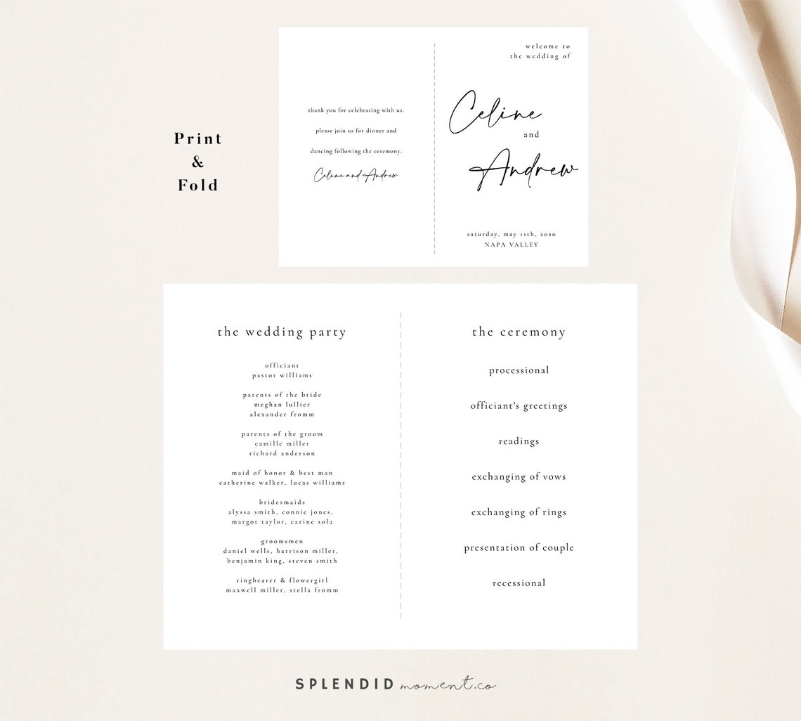 Modern Wedding Program Template Folded Wedding Program - Etsy