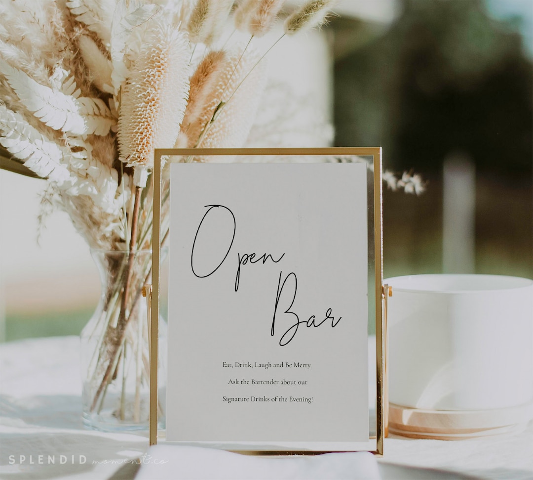 Minimal Open Bar Wedding Sign Template, Modern Off-white Wedding Open ...