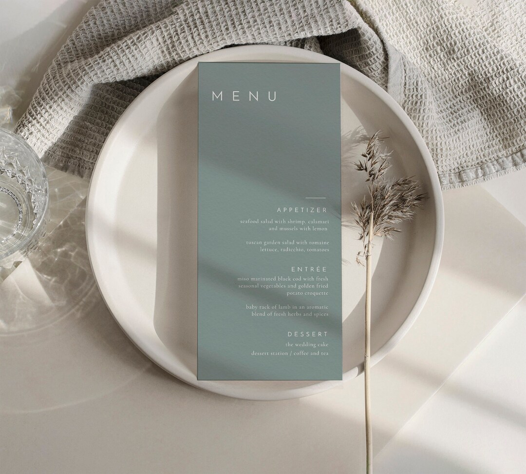 Modern Sage Green Wedding Menu Template, Editable Minimal and Elegant ...
