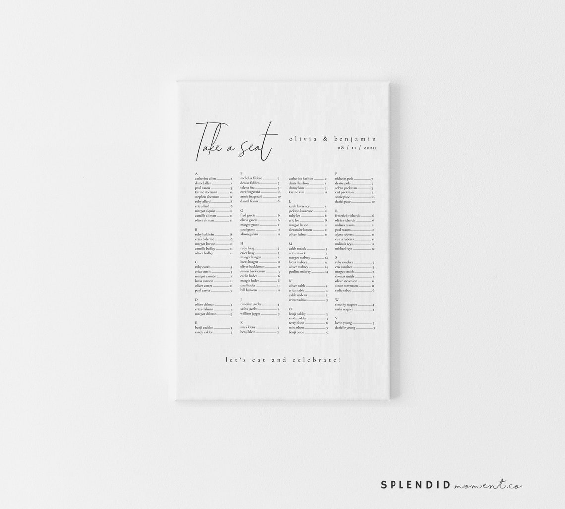Alphabetical Wedding Seating Chart Template Modern Wedding - Etsy