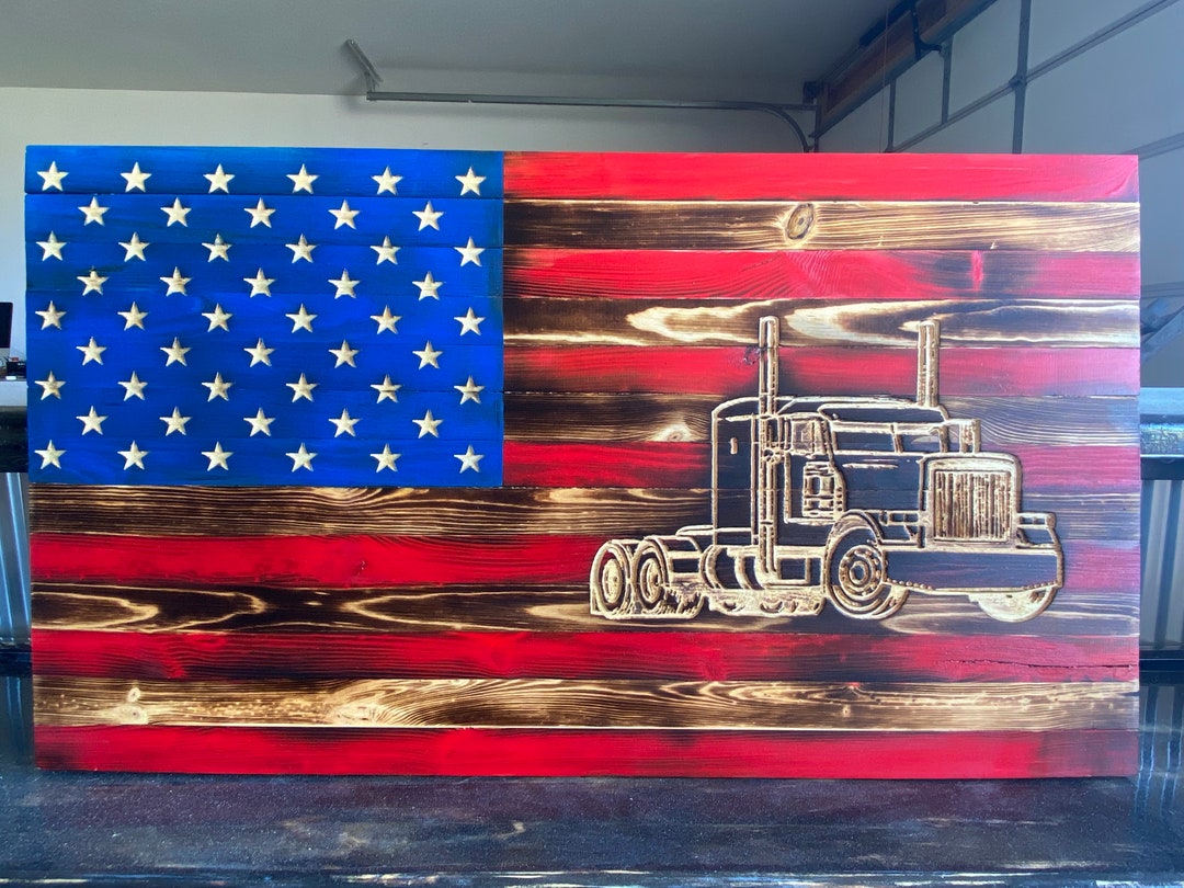 Wood Flag/semi Truck/trucker/trucker Gifts/rustic Flag/truckin/wall Hanging/mancave/gifts for ...