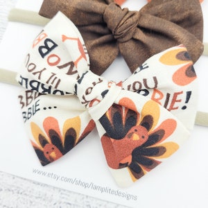 Gobble Til You Wobble Fabric Hair Bows - Thanksgiving Turkey Gold Brown ...
