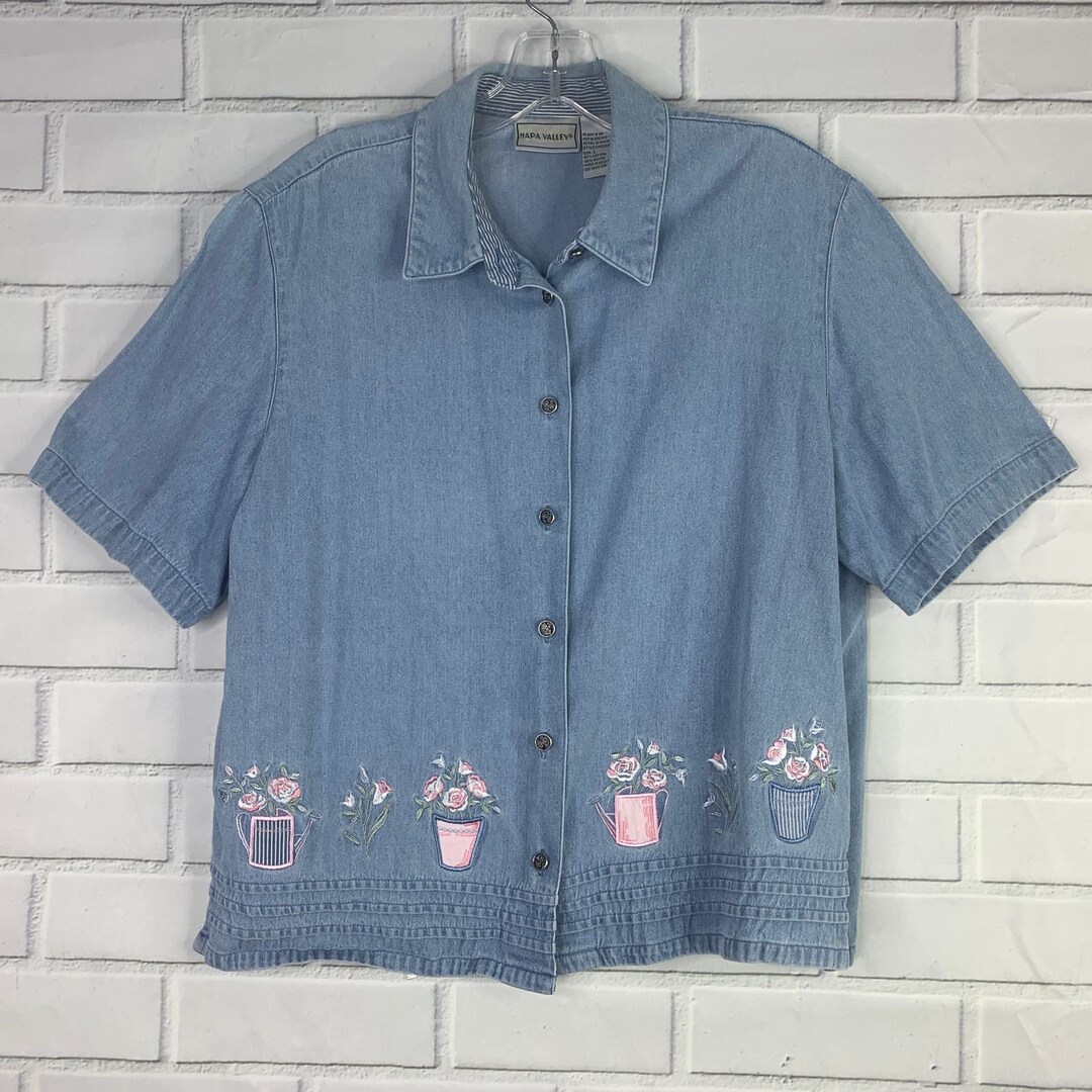 Vintage Napa Valley Chambray Shacket Short Sleeves Embroidered Floral ...
