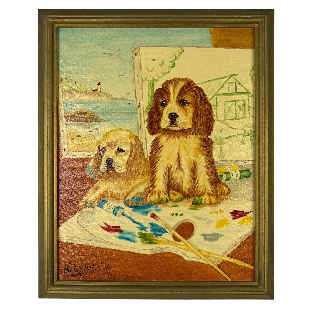 Oil Painting Artist Puppies 11 X 14 Framed Complete Dogs 2000 Vintage ...