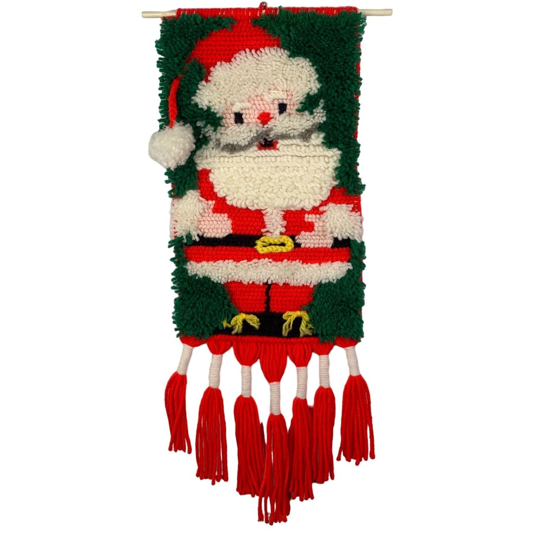Vintage Handmade Christmas Latch Hook Santa Claus Hanging Tapestry ...