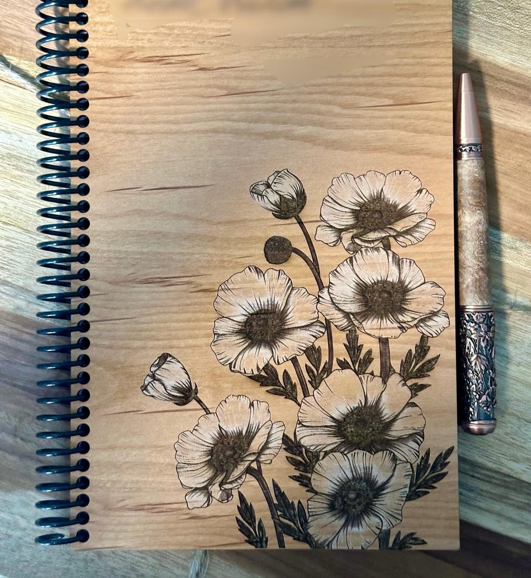 Wood Notebook. Cherry Wood Laser Engraved. "meadow Flowers" Graphic - Etsy
