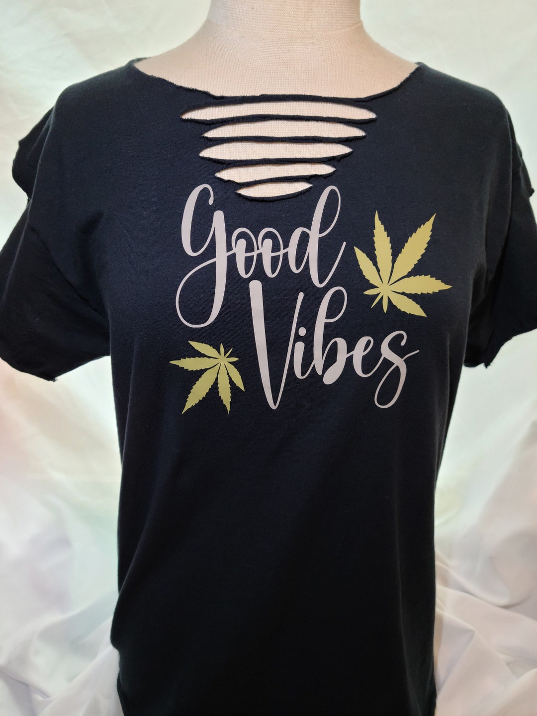 Good Vibes T-shirt, Braided Pot Leaf T Shirt, Black With Grey and Green Weed Leaf, Adult Women ...