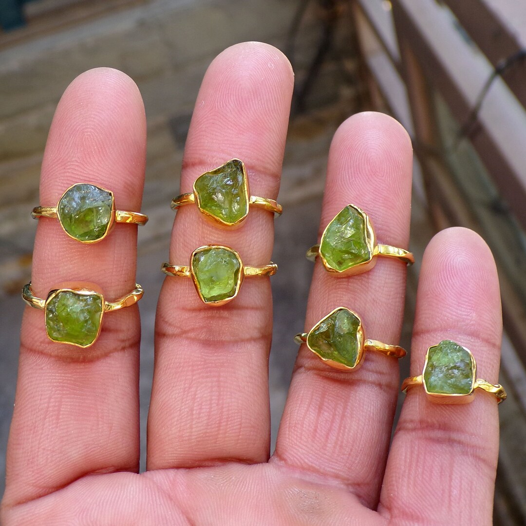Rough Peridot Ring, Natural Uncut Gemstone Peridot Ring, Brass Gold Plated Ring Ring, Bohemian ...