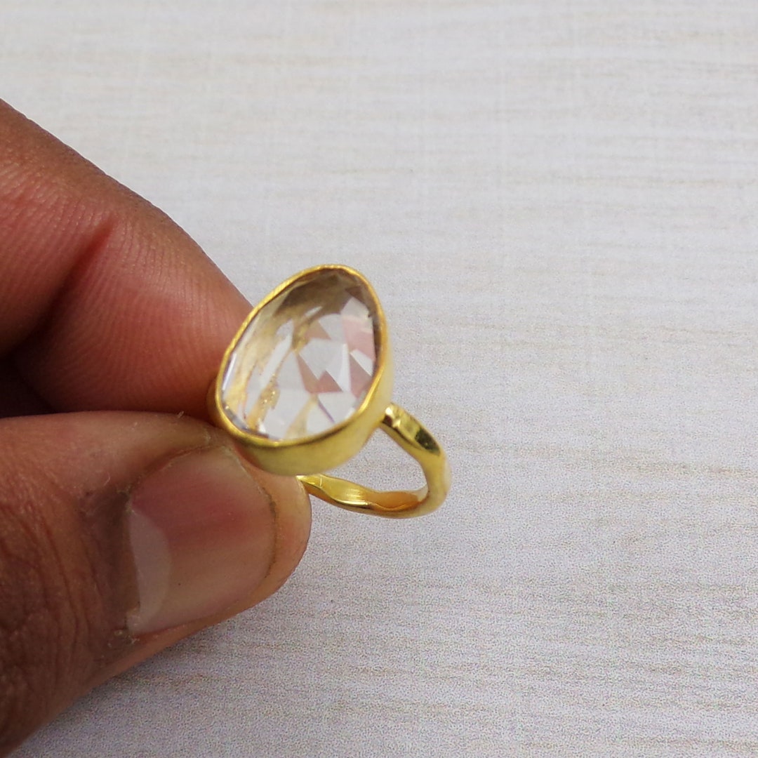 Faceted Crystal Quartz Ring, Crystal Rings, Brass Gold Plated Rings ...