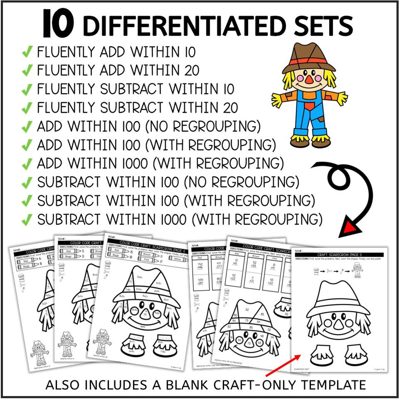 Fall and Autumn Scarecrow - Addition and Subtraction Math Craft - Etsy