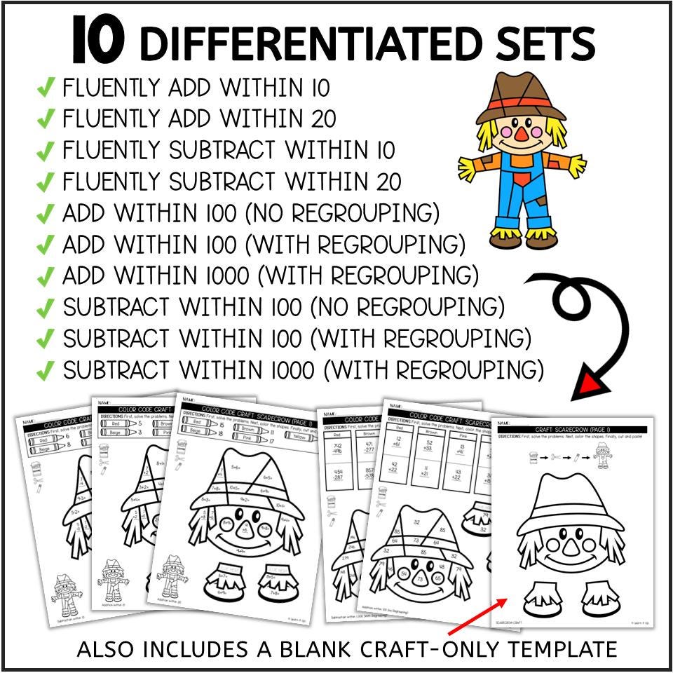 Fall and Autumn Scarecrow - Addition and Subtraction Math Craft - Etsy