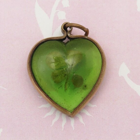 Antique Victorian Dried CLOVER Green Glass Paste HEAR… - Gem