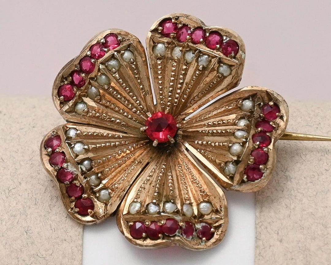 Antique Victorian Primrose Flower Garnet Seed Pearl Gold Plate Brooch ...