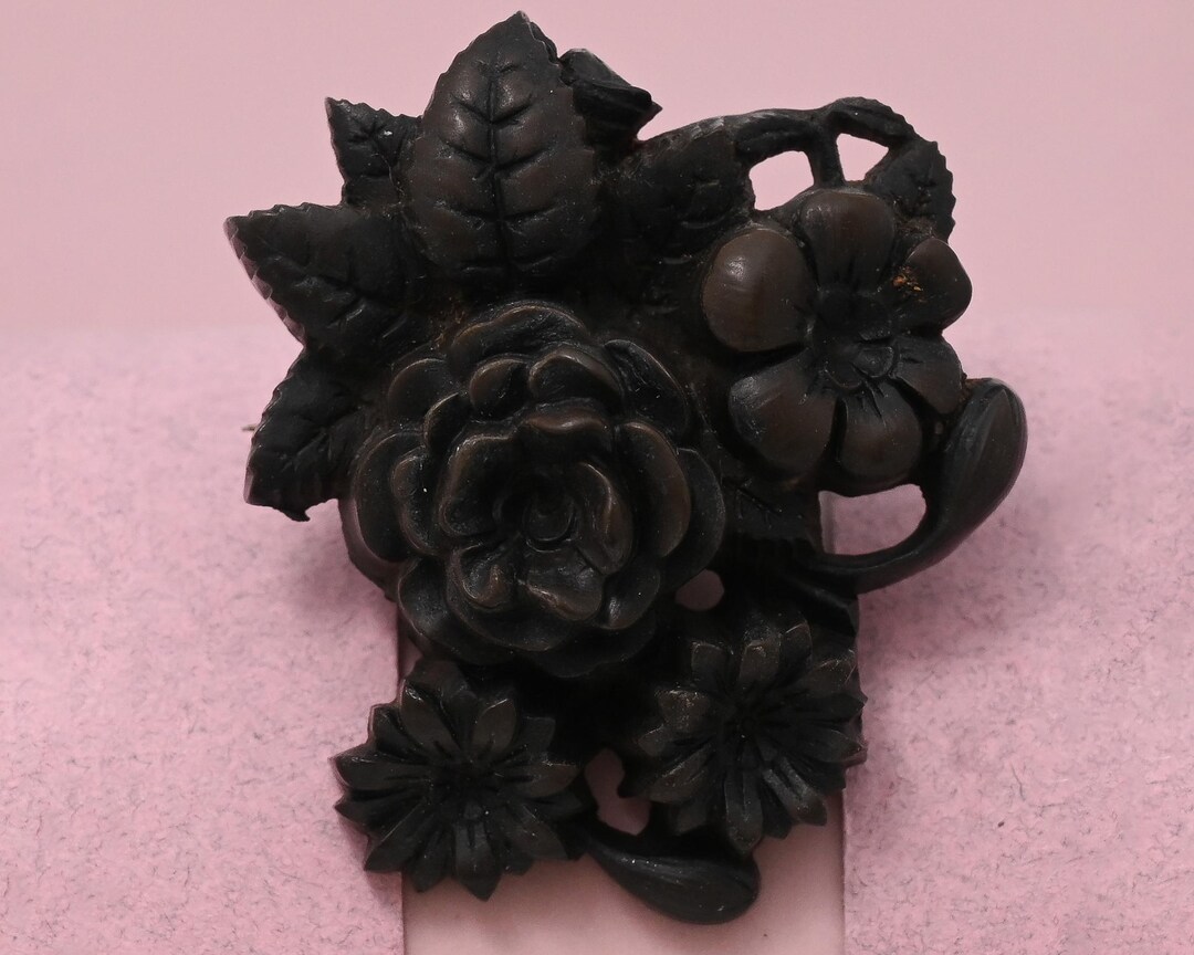 Antique Victorian Mourning Vulcanite Flower Bouquet Forget Me Not ...