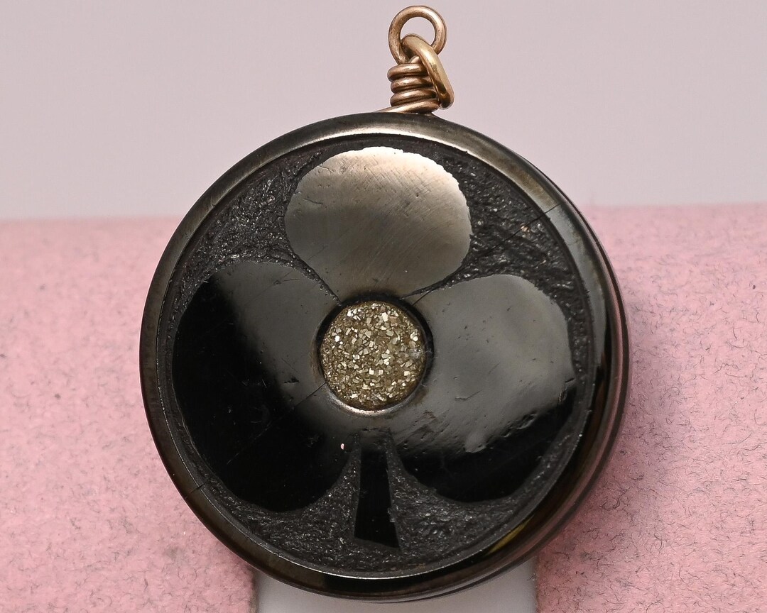 Antique Victorian Mourning Carved Jet Pyrite Clover Gold Filled Charm ...